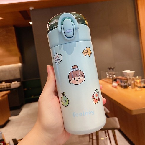 귀여운 일본계 버클 보온컵 여성 고안치 304 스테인리스강 물컵 휴대용 심플한 ins컵, [파란색] + 랜덤 스티커, 420ml - 가격 변동